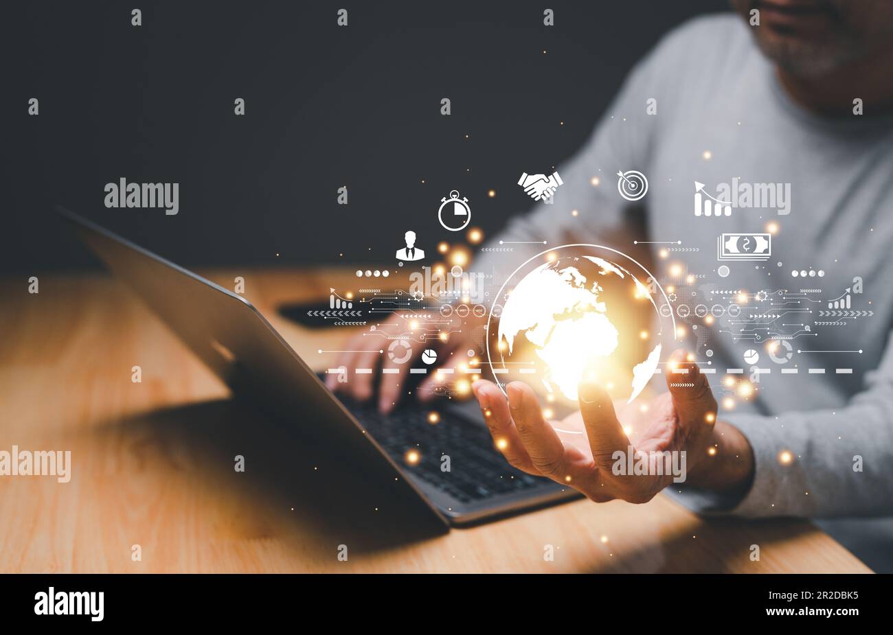 businessman Hand holding world digital Global Internet connection ...