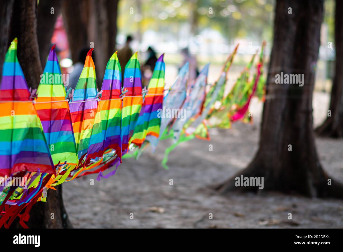 Selective focus kites. Beautiful colorful kites Hanging together at the ...