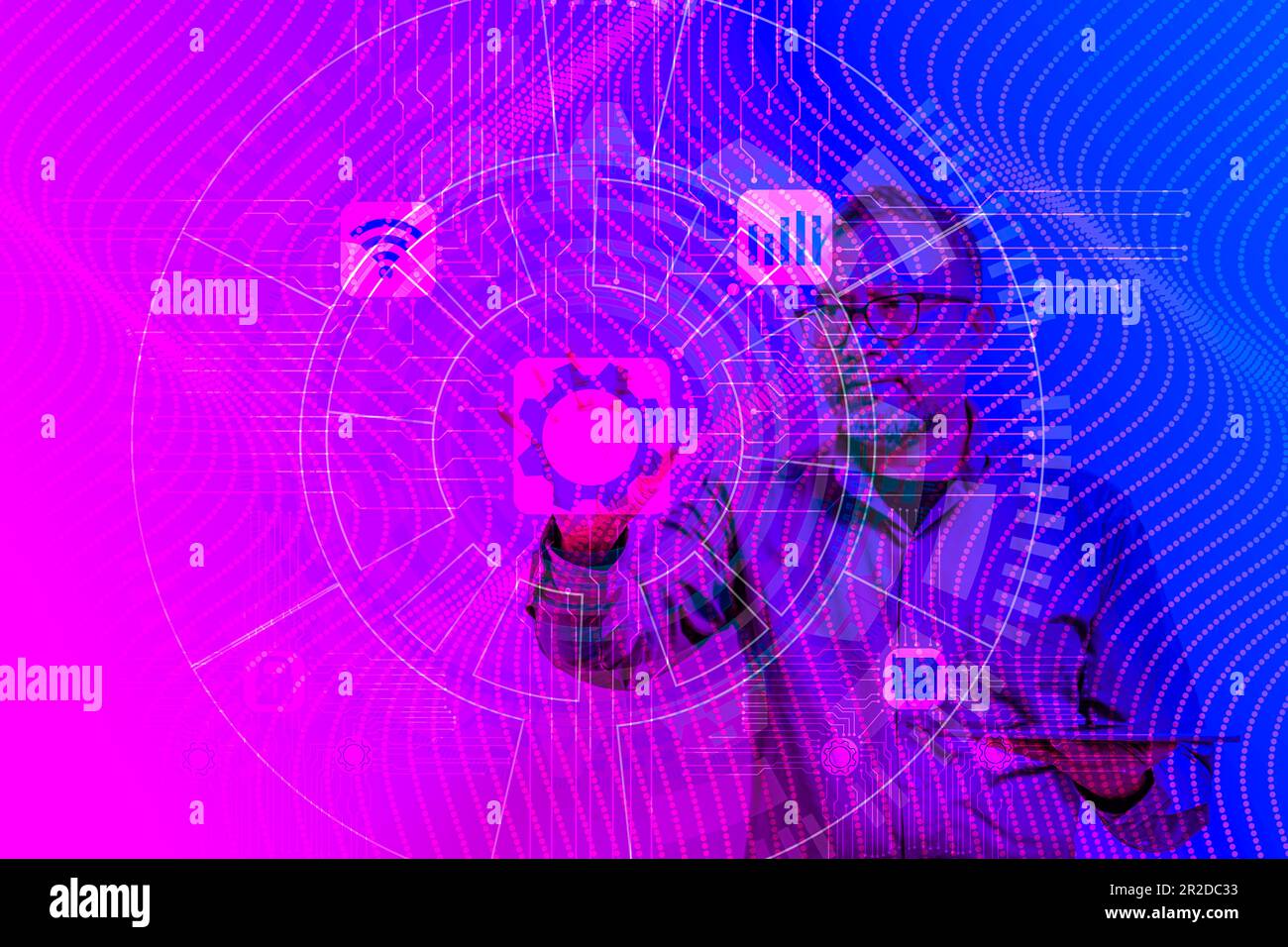 A man using Metaverse digital cyber world technology with a tablet and ...