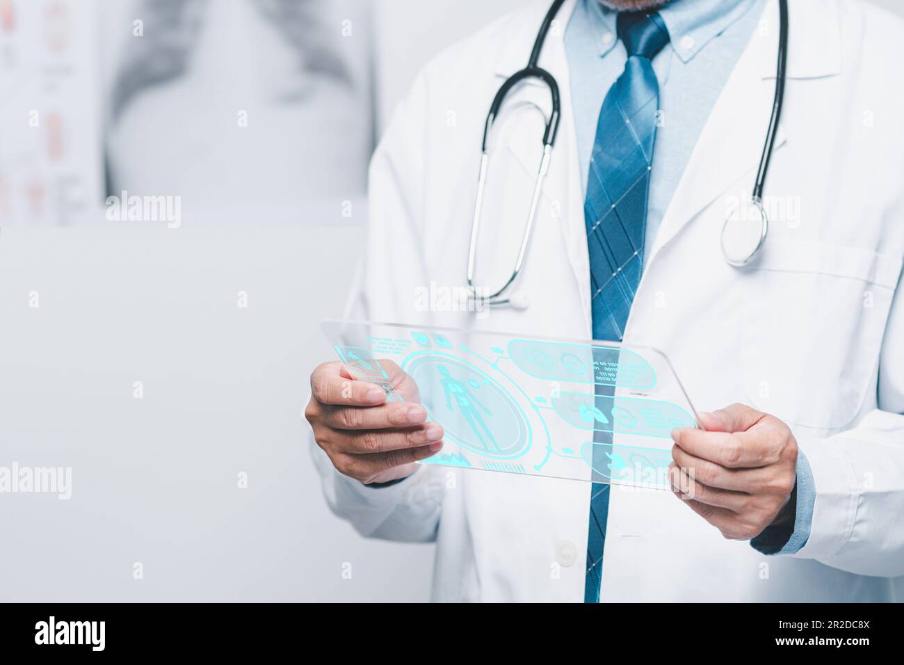 doctor man hold a virtual screen lung for checking lung disease in ...