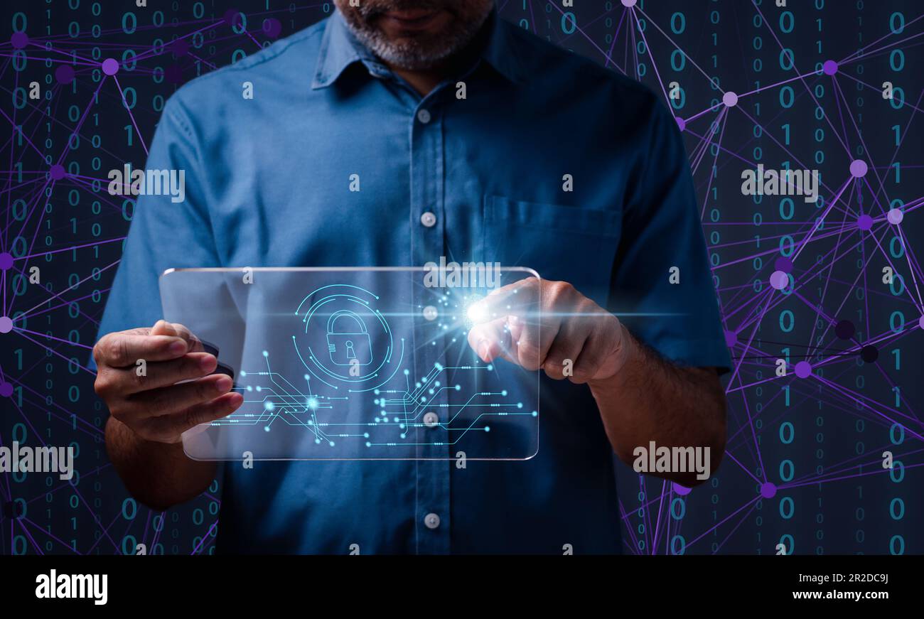 Lock icon and internet network security technology. Businessman ...