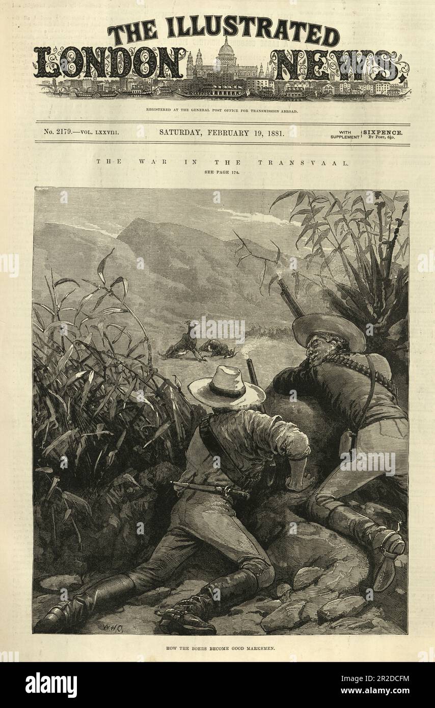 Old Victorian newspaper front page, First Boer War, How Boers become good marskmen Stock Photo ...