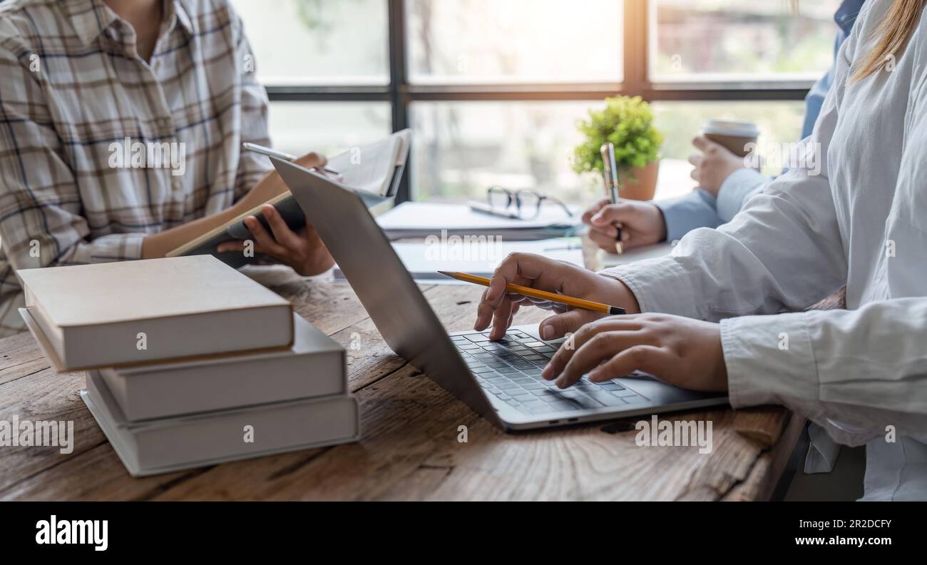 Distracted from preparing college project happy young laughing diverse ...