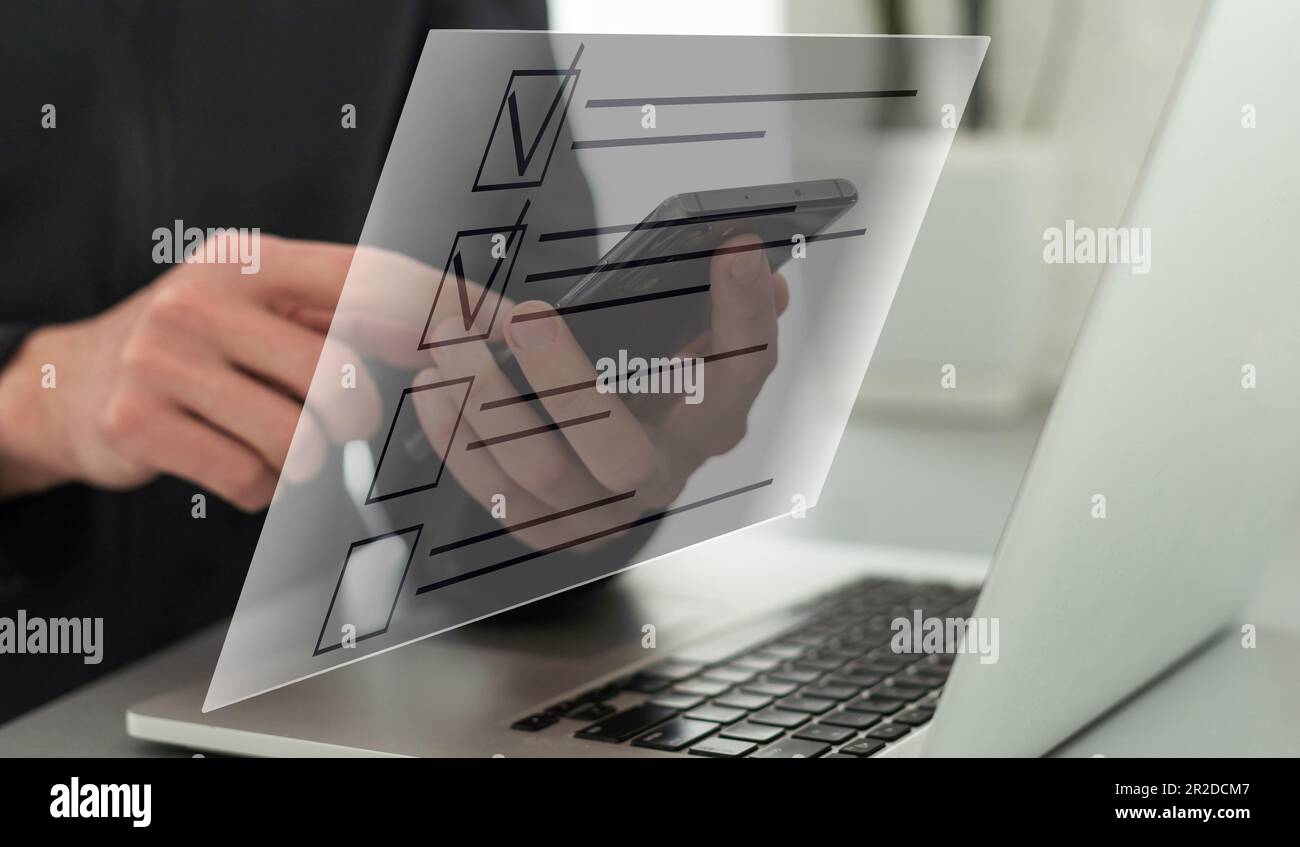 business background technology hologram business icon virtual screen. A man typing hologram ...