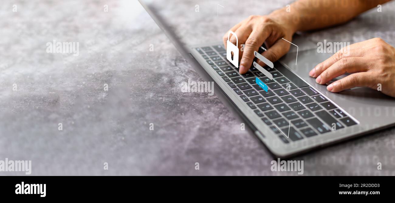 Men typing on keyboard to sign in computer network. Laptop screen showing login for security ...