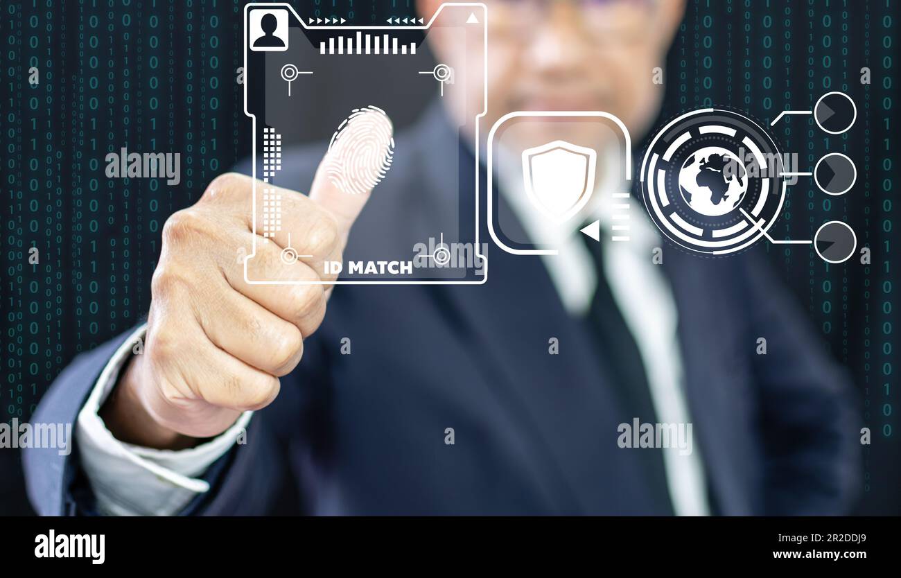businessman fingerprint scan to biometric access with identity technology and high security ...