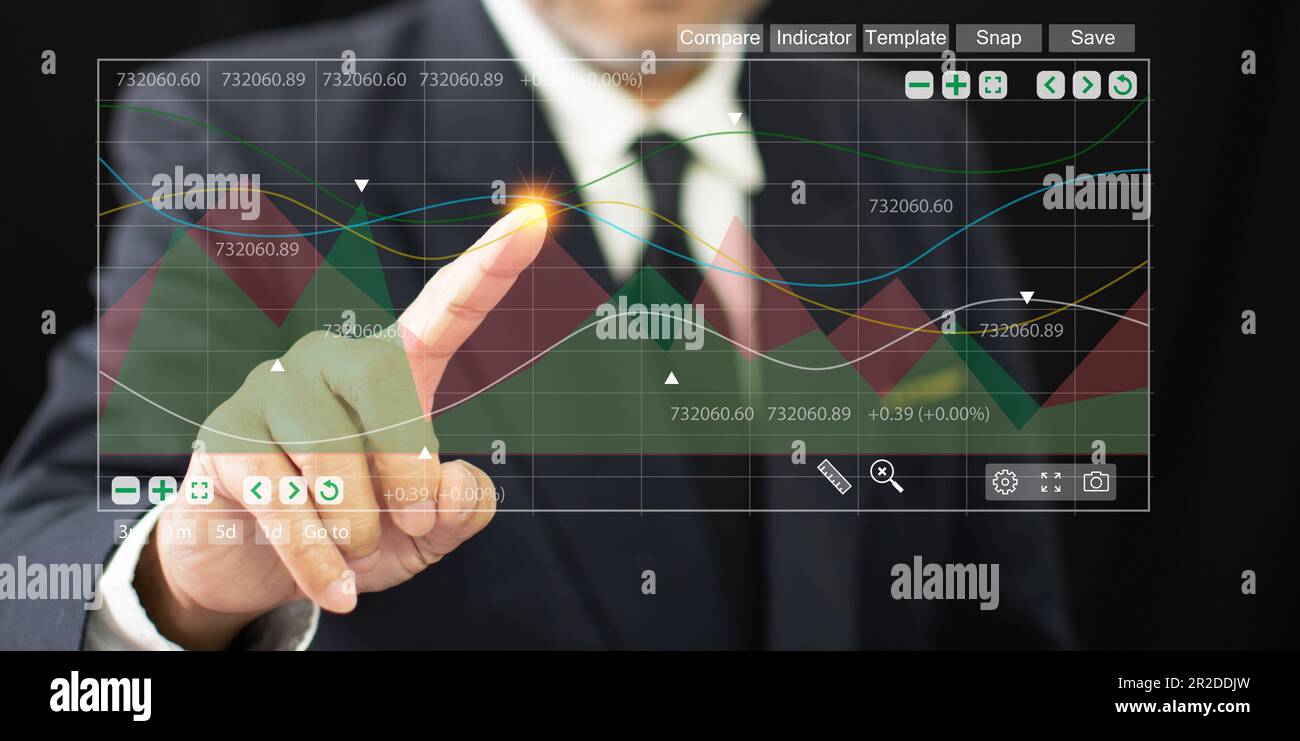 Businessman wearing a black suit pointing high graph to tell interest ...