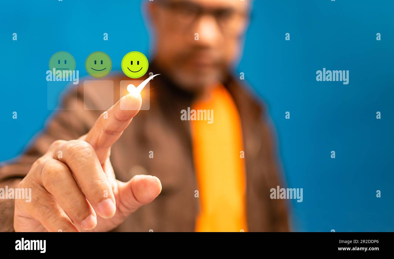 the customer or Business people are pointing to virtual screen on happy ...
