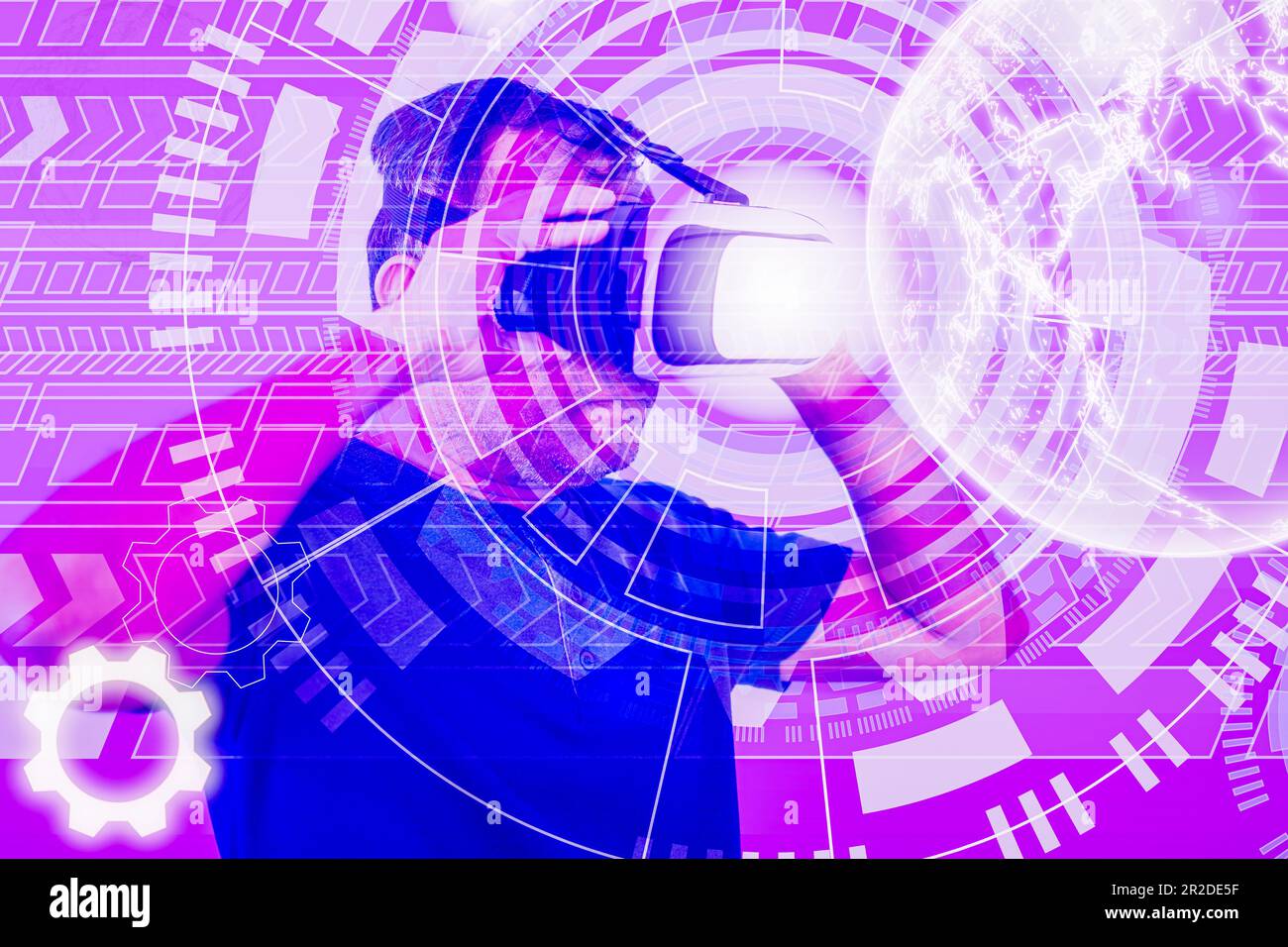 A man using Metaverse digital cyber world technology with wearing and ...