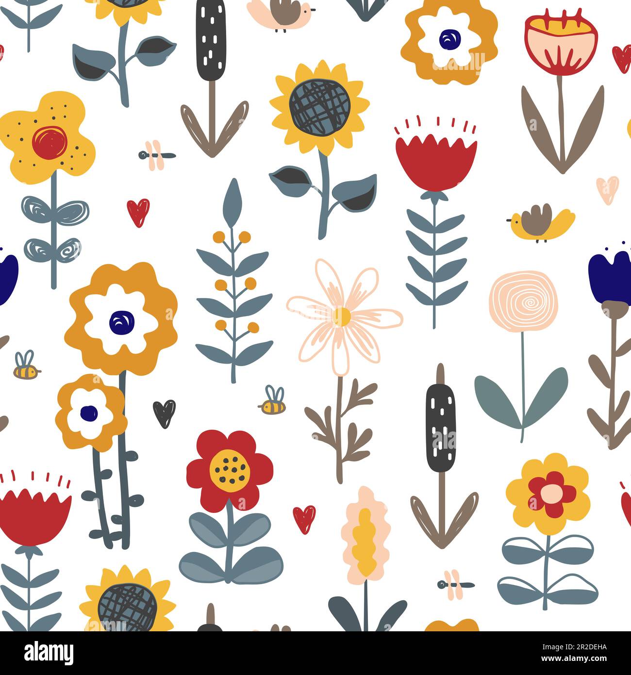 Cute hand drawn flowers seamless pattern. Nursery or rustic background ...