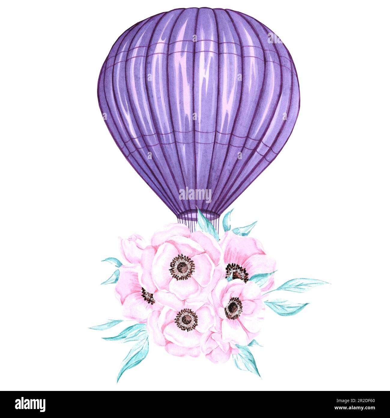 Watercolor purple hot air balloon with anemone flowers. Hand painted ...