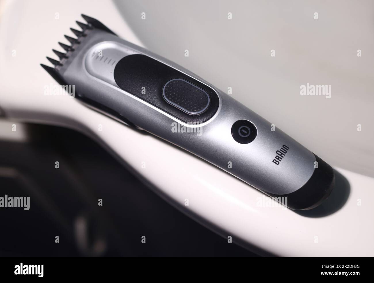 Different kinds of products in a bathroom, Braun shaver Stock Photo - Alamy