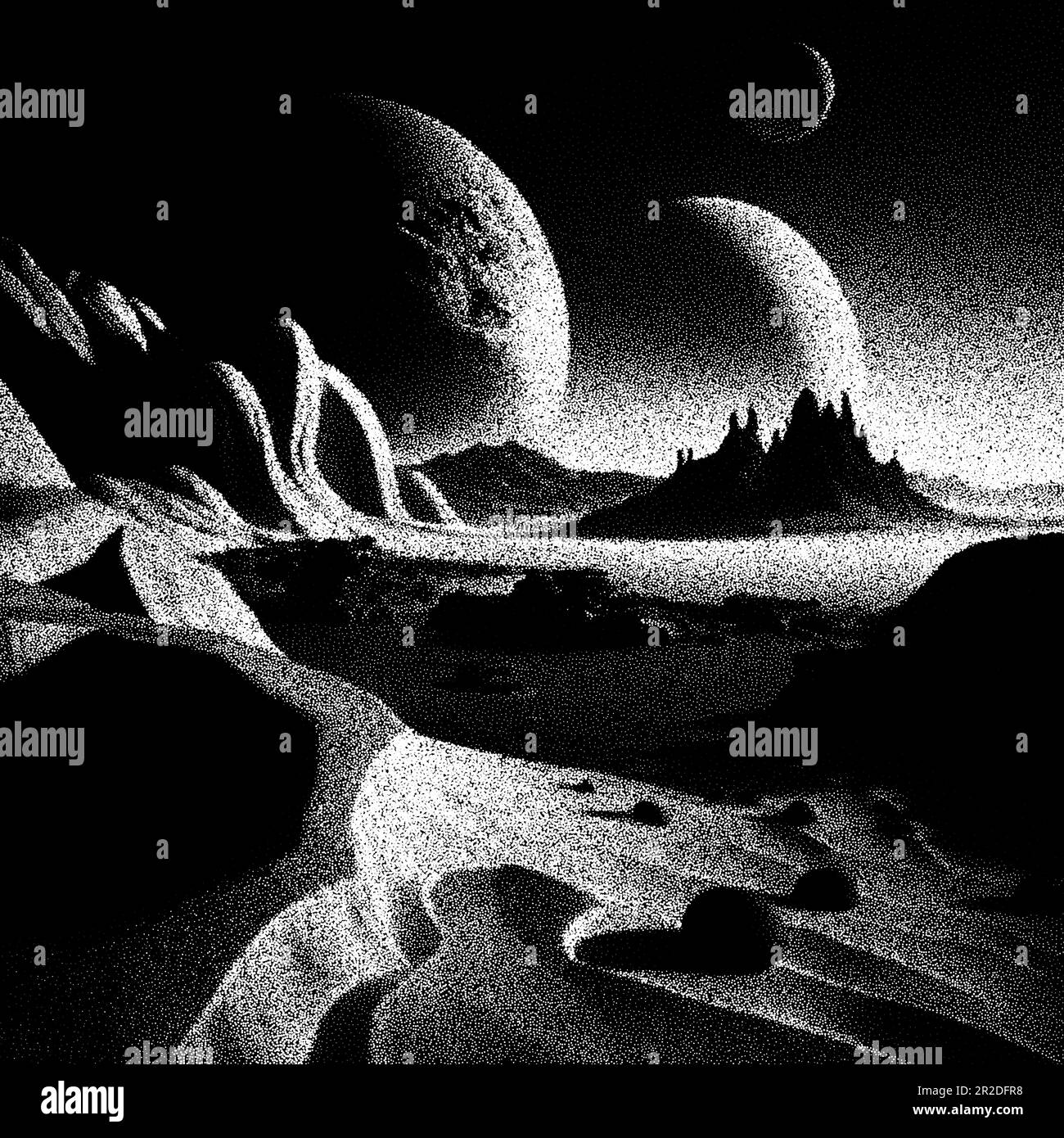 Alien planet landscape in retro dotwork style. Planets and satellites ...