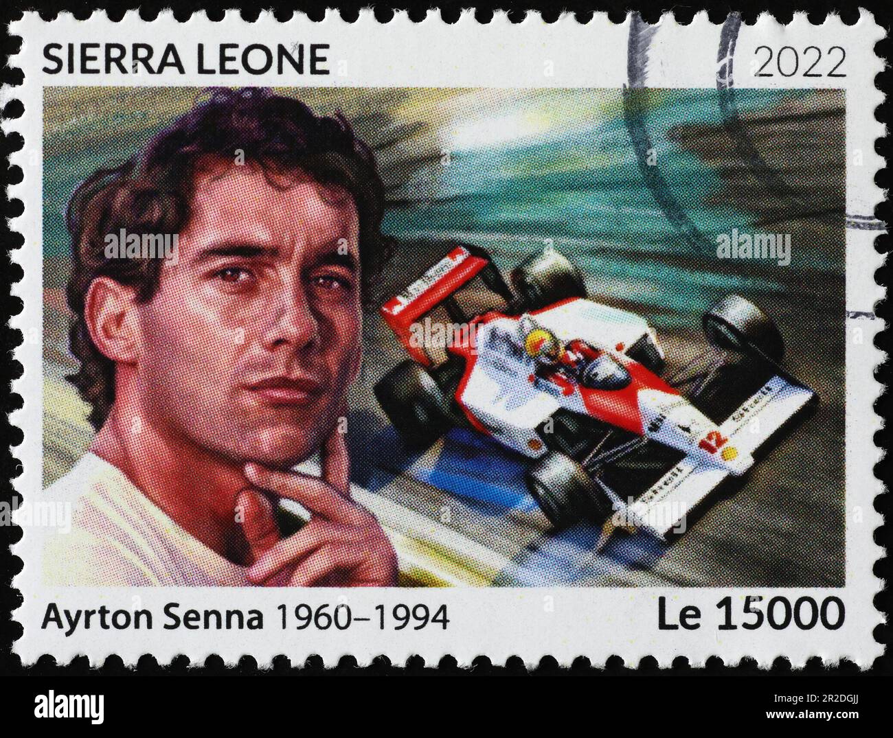 Ayrton Senna portrait on postage stamp of Sierra Leone Stock Photo - Alamy