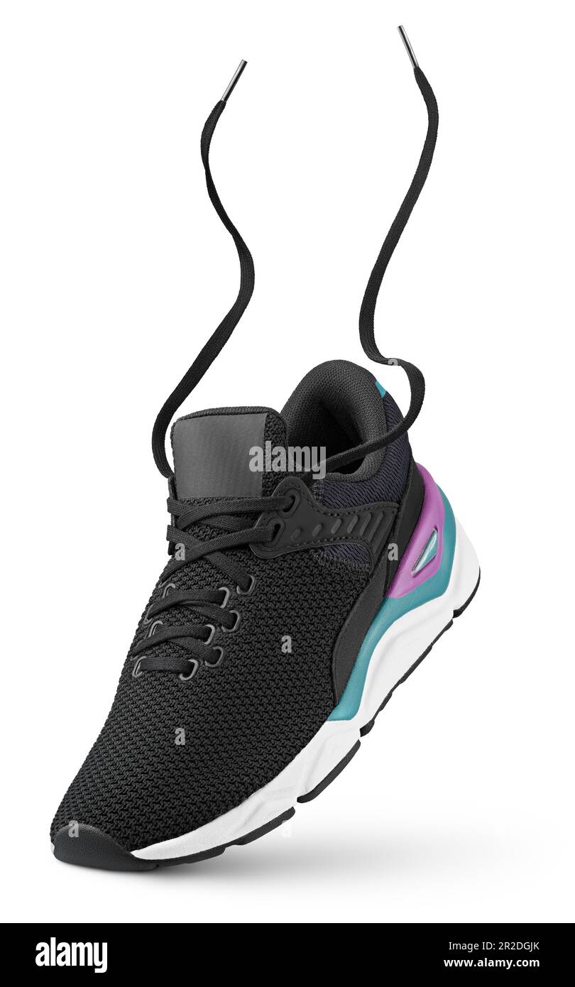 Black sneaker with flying laces stands on the tip isolated on white ...