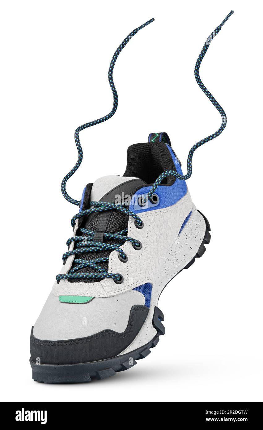 New sports leather boot with flying laces stands on the tip isolated on ...