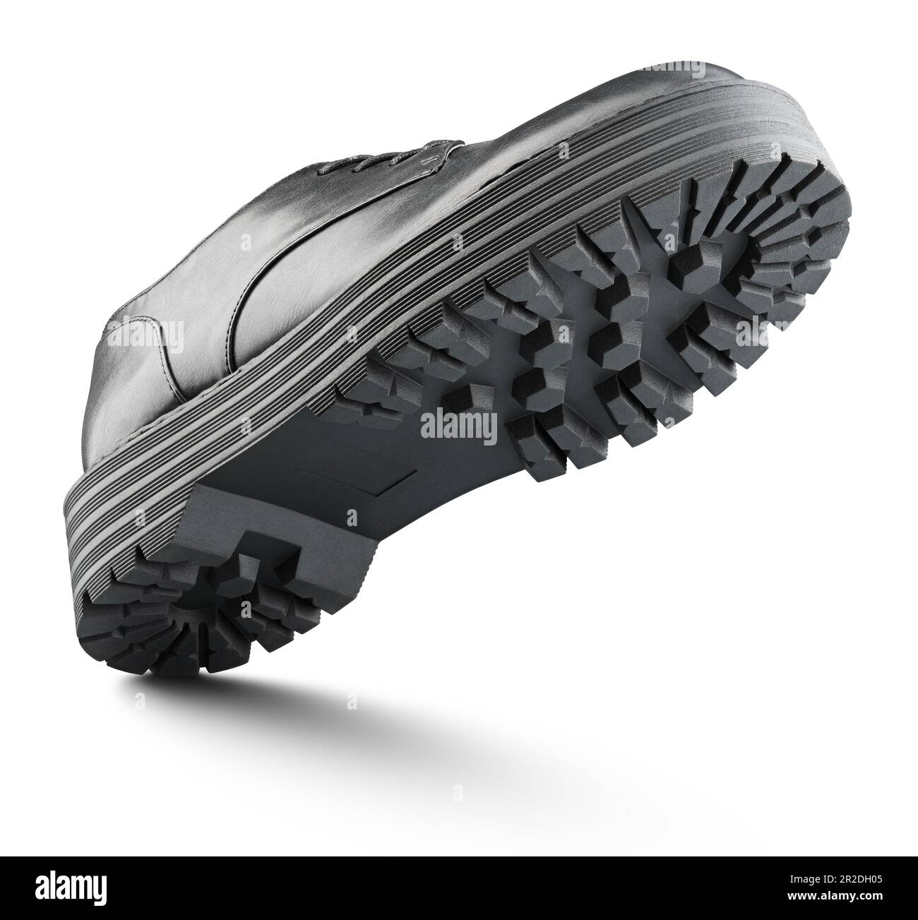 Bottom view of black leather boot isolated on white background. Low ...