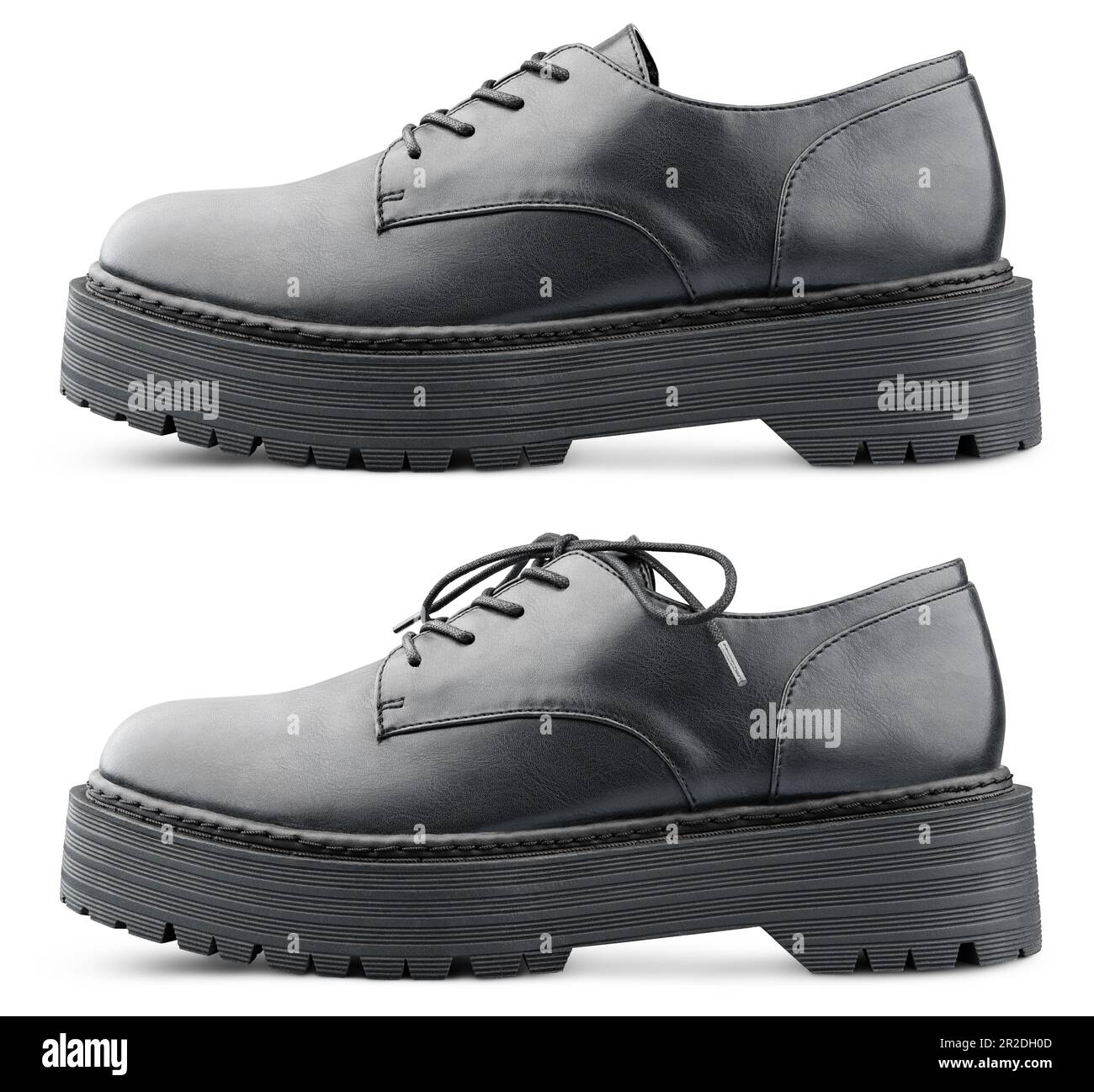 Black leather boots with and without shoelaces bow. Isolated on white ...