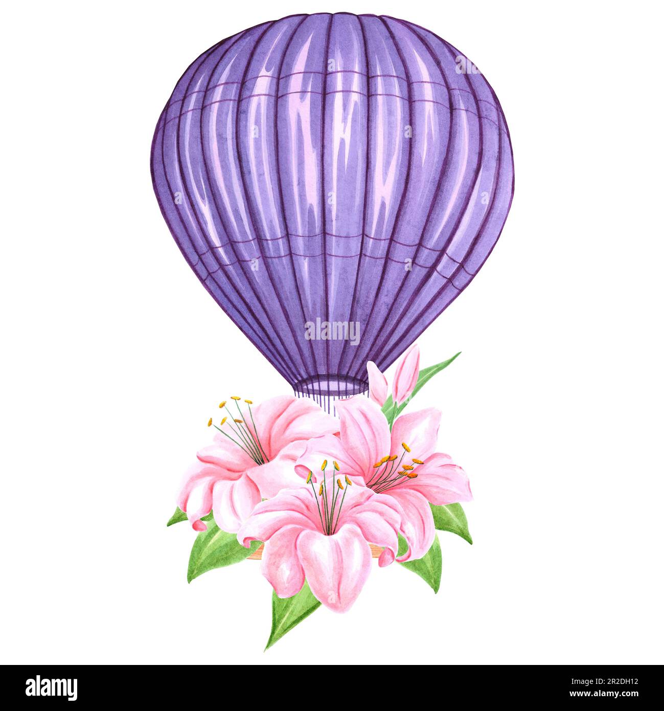 Watercolor purple hot air balloon with lily flowers. Hand painted ...