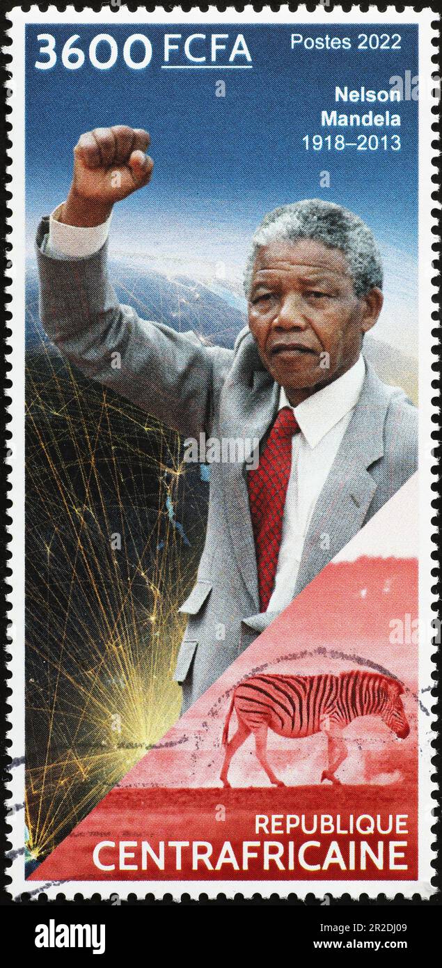Nelson Mandela showing the fist on african postage stamp Stock Photo ...