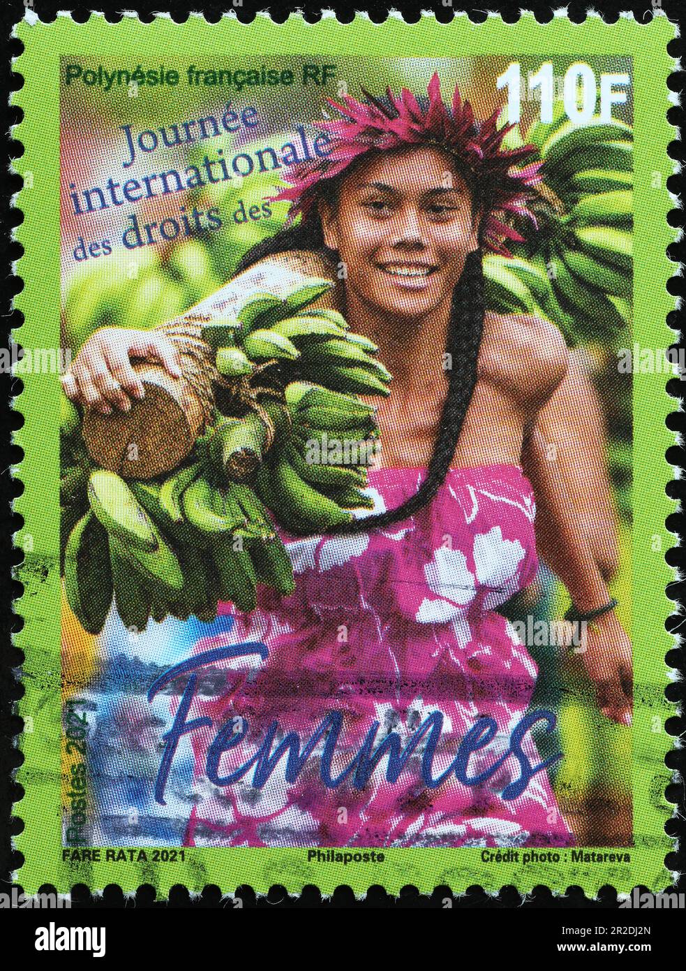 Polynesian woman carrying bananas on postage stamp Stock Photo - Alamy