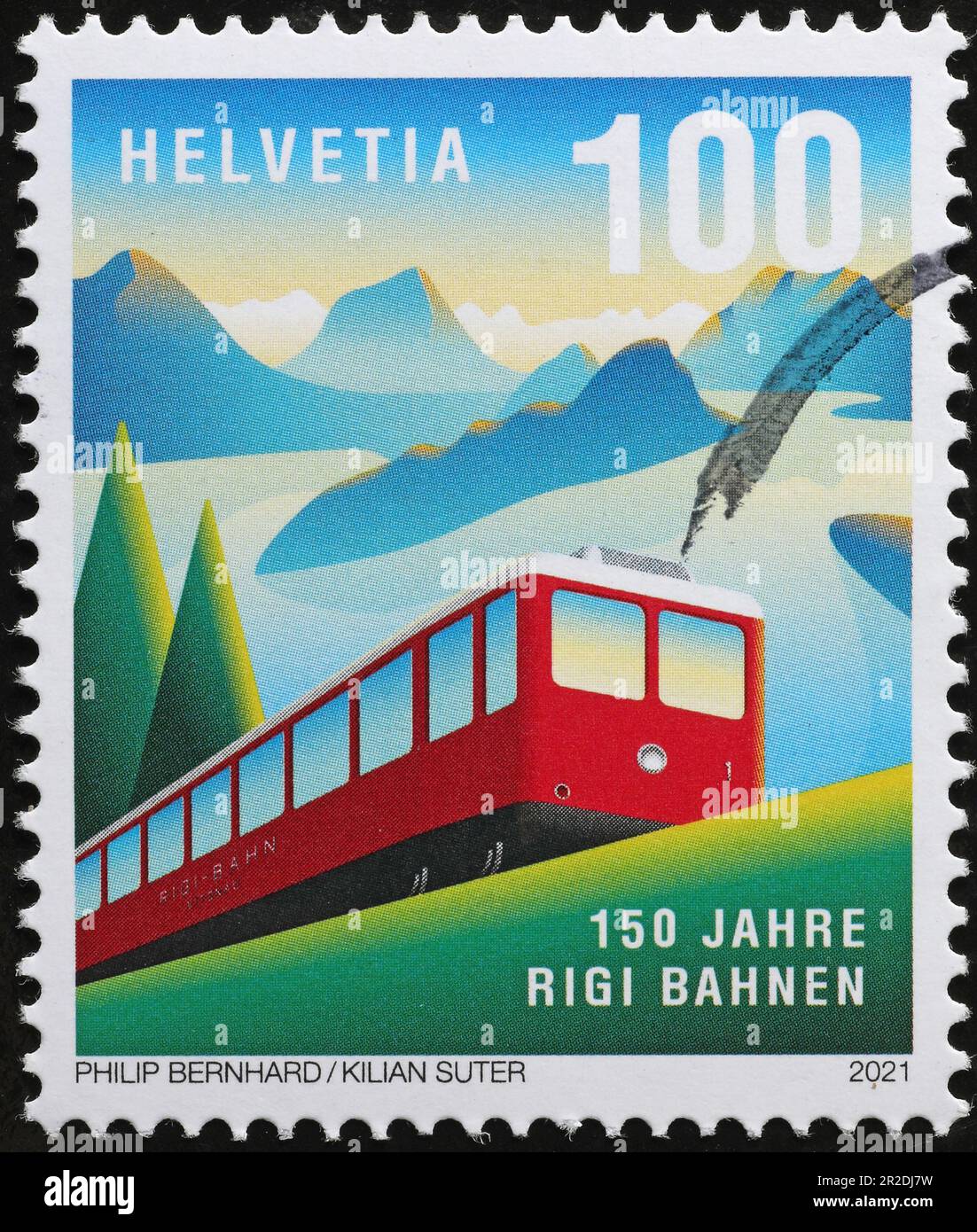 Swiss red train on postage stamp Stock Photo - Alamy