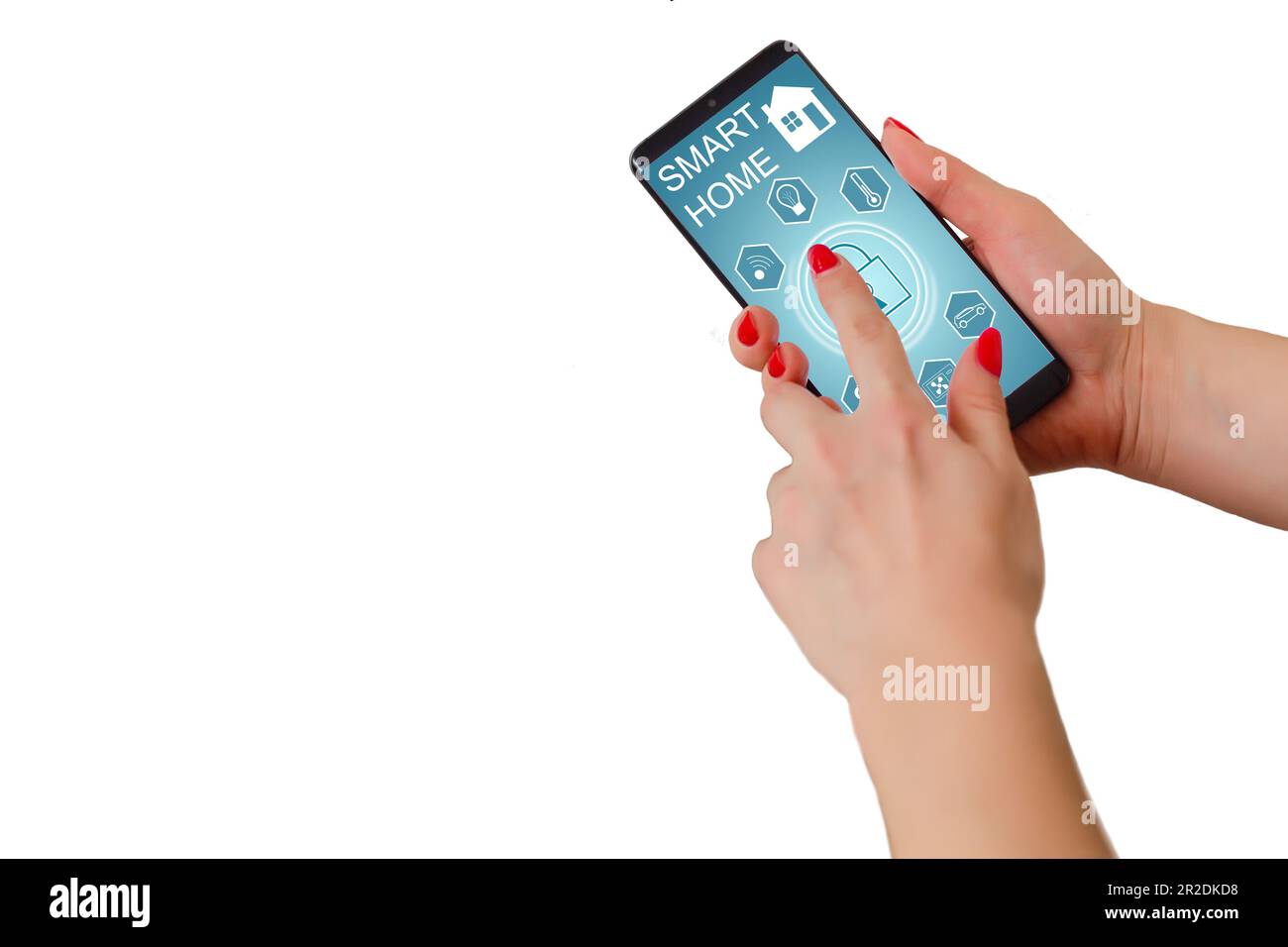 isolated woman hand holding the phone with system smart house Stock ...