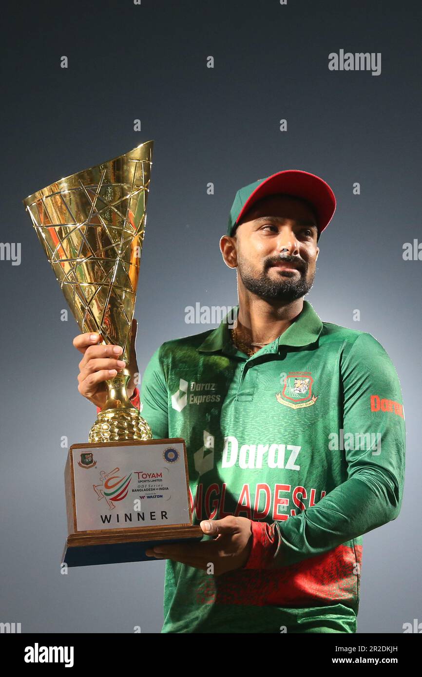 Liton Das hold the Bangladesh-India ODI series trophy after the ...
