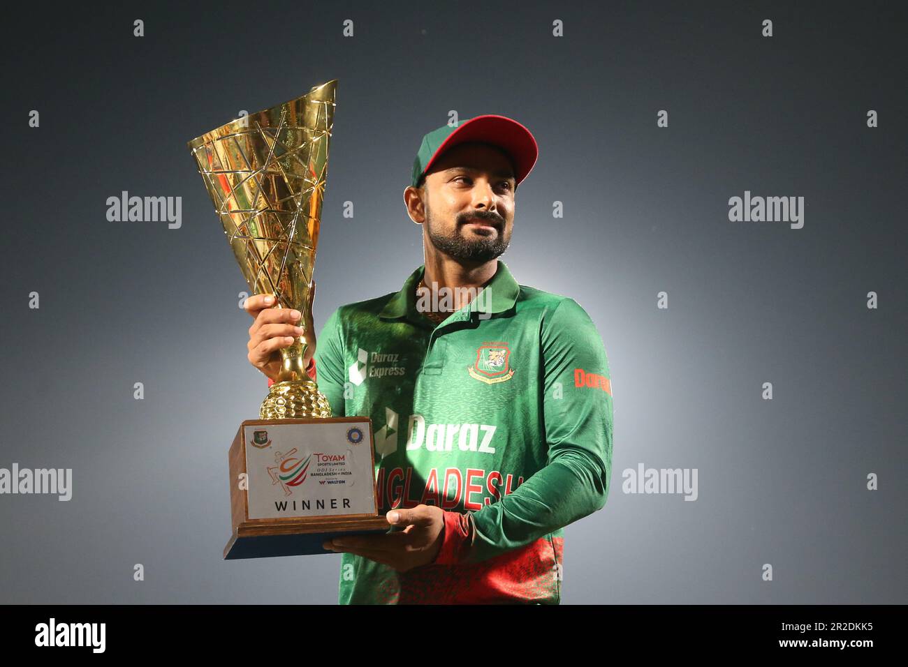 Liton Das hold the Bangladesh-India ODI series trophy after the ...