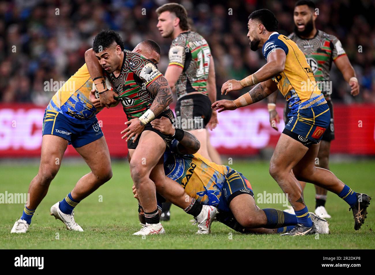Hame Sele of the Rabbitohs is tackled during the Round 12 NRL match ...