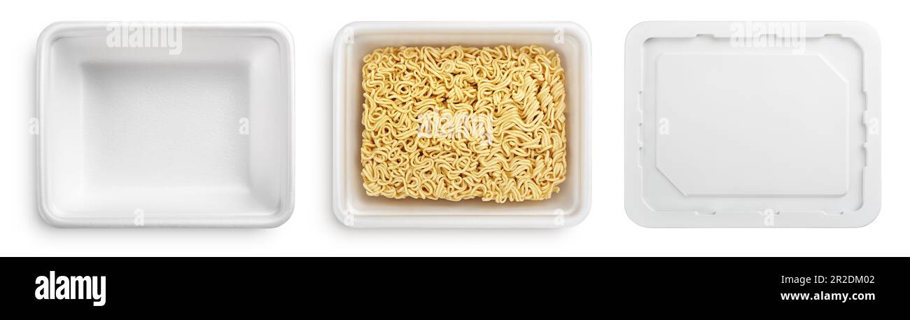 Set of empty white plastic plate or styrofoam food container and with ...