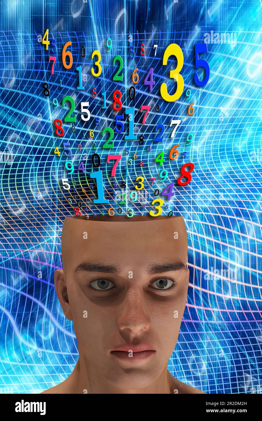 humanoid with open head and numbers flowing out of it, AI and ...