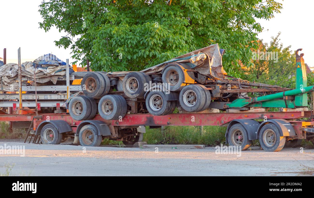 Stacked Flat Bed and Cargo Lorry Trailers Wheels Freight Transport ...