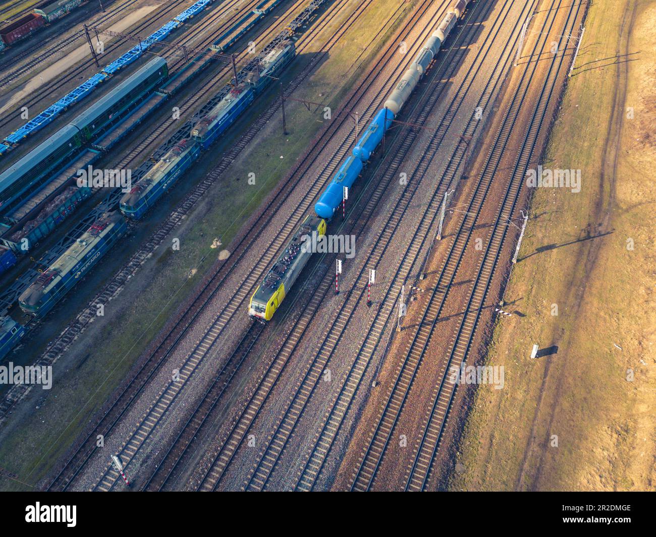 Cargo trains. Aerial view of colorful freight trains. Railway station ...