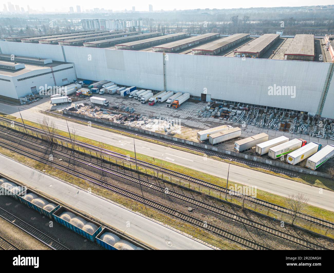 Cargo trains close-up. Aerial view of colorful freight trains on the ...
