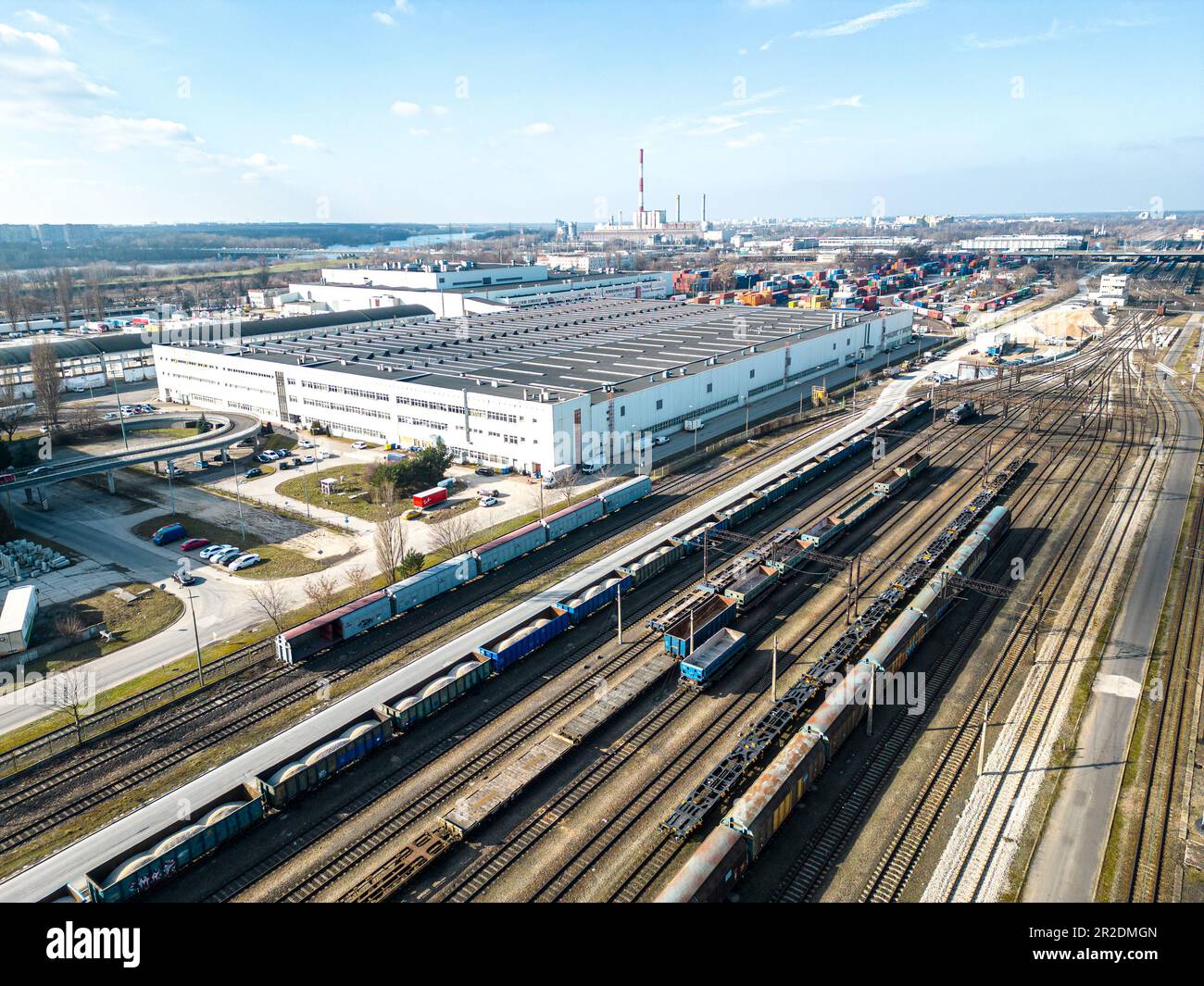 Cargo trains close-up. Aerial view of colorful freight trains on the ...