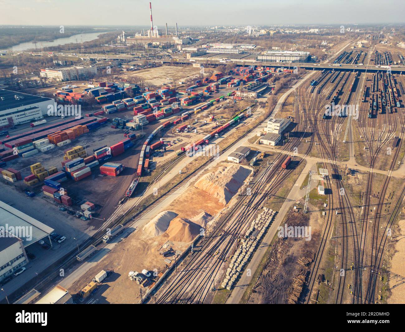 Cargo trains close-up. Aerial view of colorful freight trains on the ...
