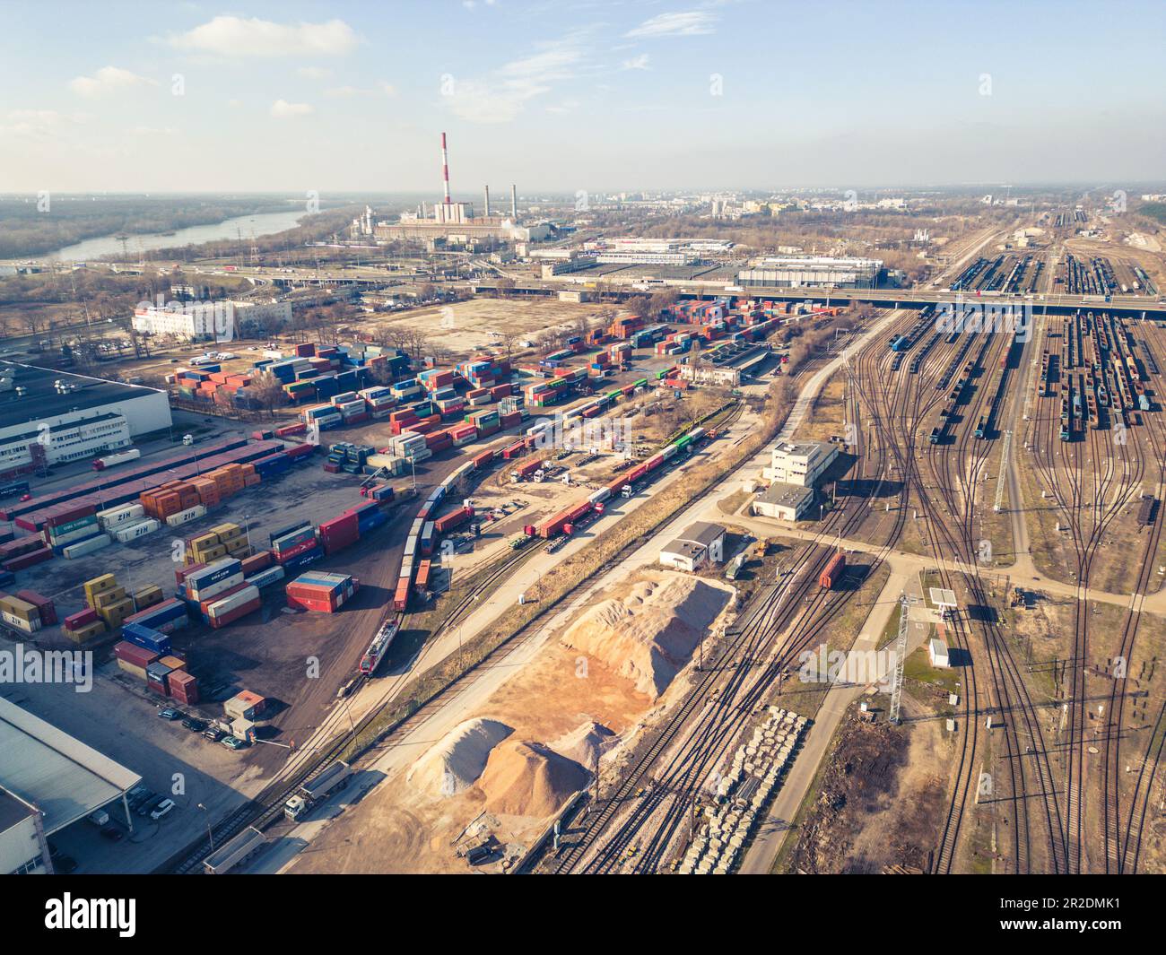 Cargo trains. Aerial view of colorful freight trains. Railway station ...