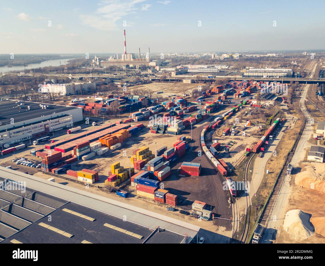 Cargo trains. Aerial view of colorful freight trains. Railway station ...