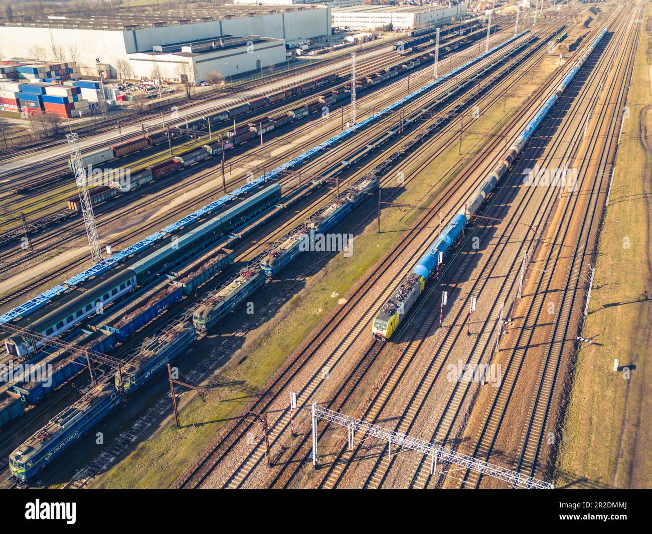 Cargo trains. Aerial view of colorful freight trains. Railway station ...