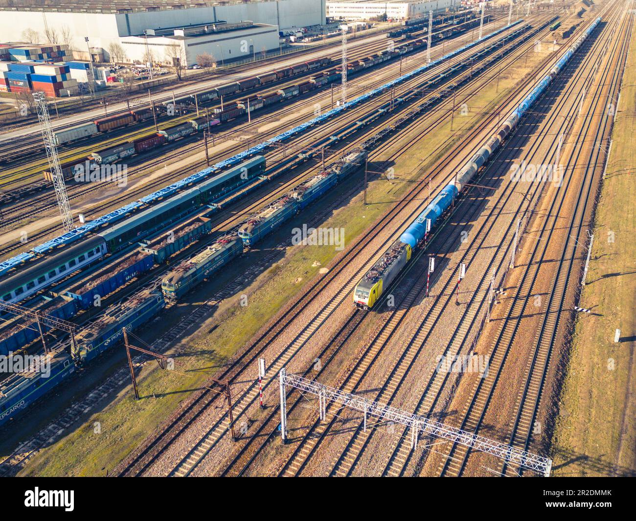 Cargo trains. Aerial view of colorful freight trains. Railway station ...