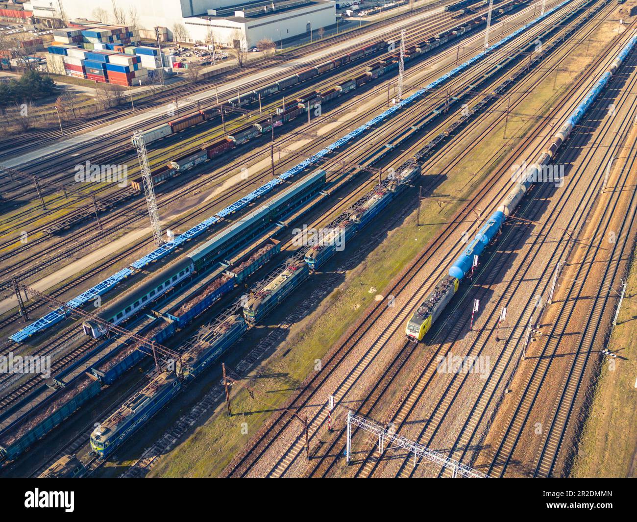 Cargo trains. Aerial view of colorful freight trains. Railway station ...
