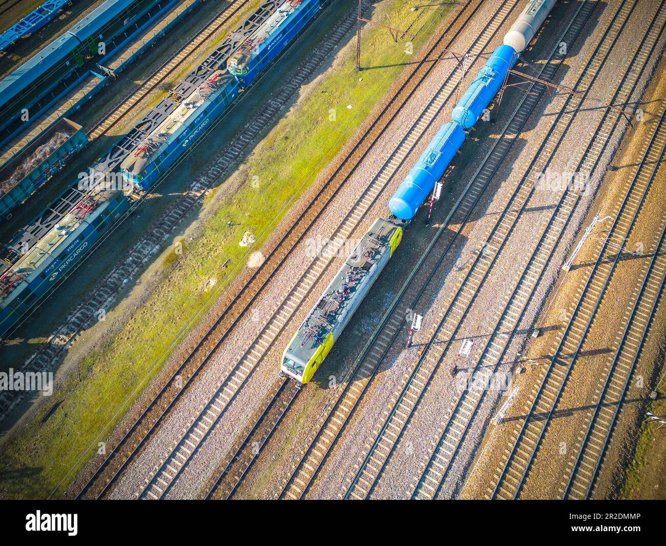 Cargo trains. Aerial view of colorful freight trains. Railway station ...