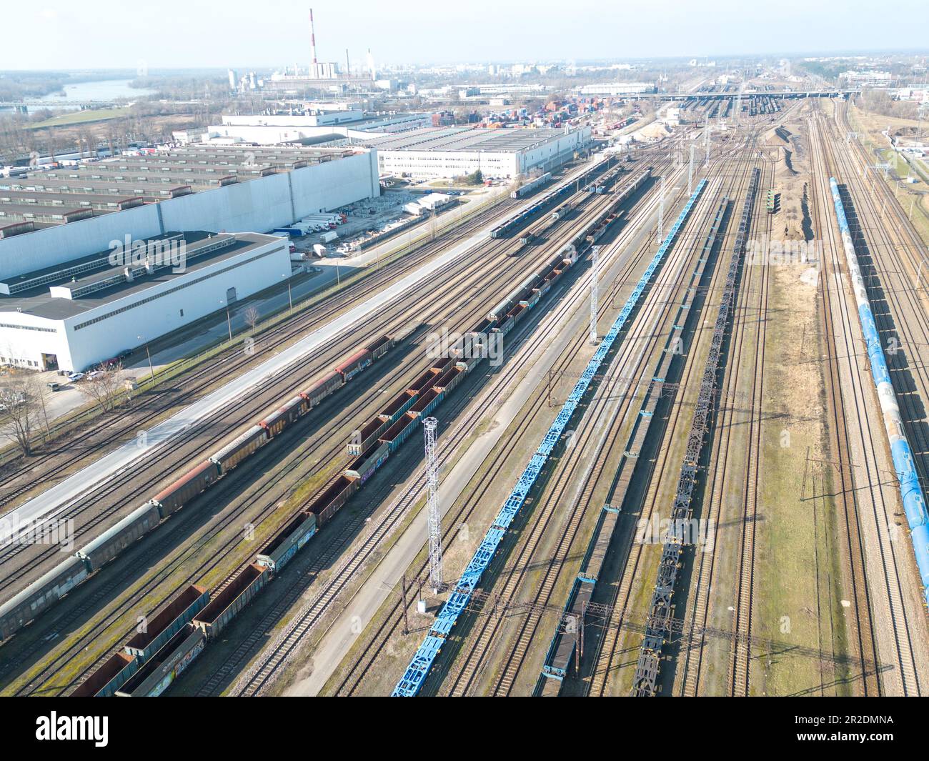 Cargo trains. Aerial view of colorful freight trains. Railway station ...
