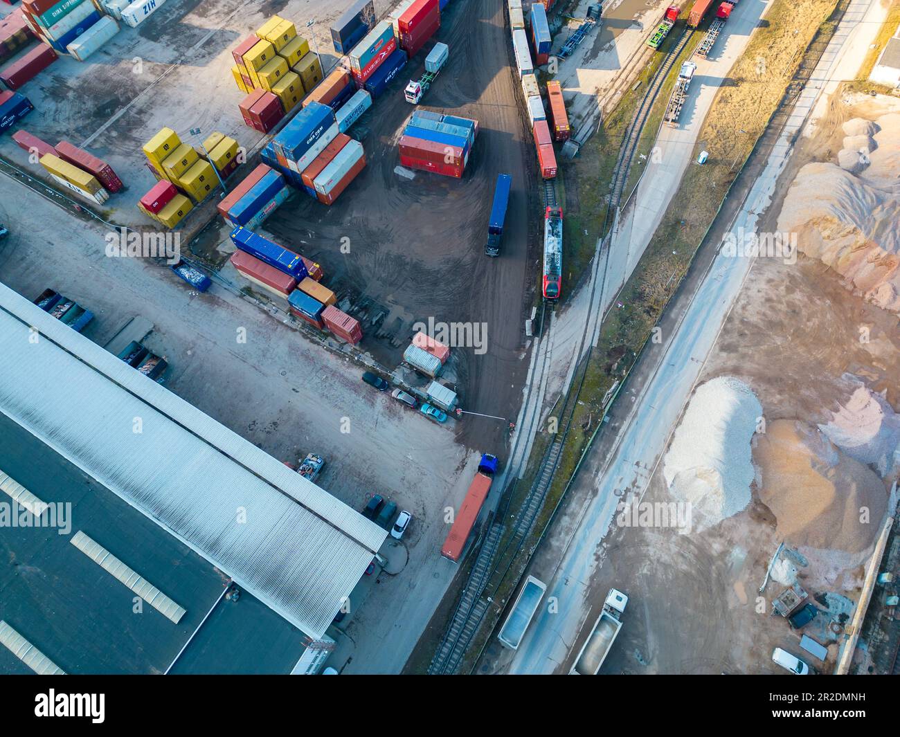 Aerial view of goods warehouse. Logistics center in industrial city ...