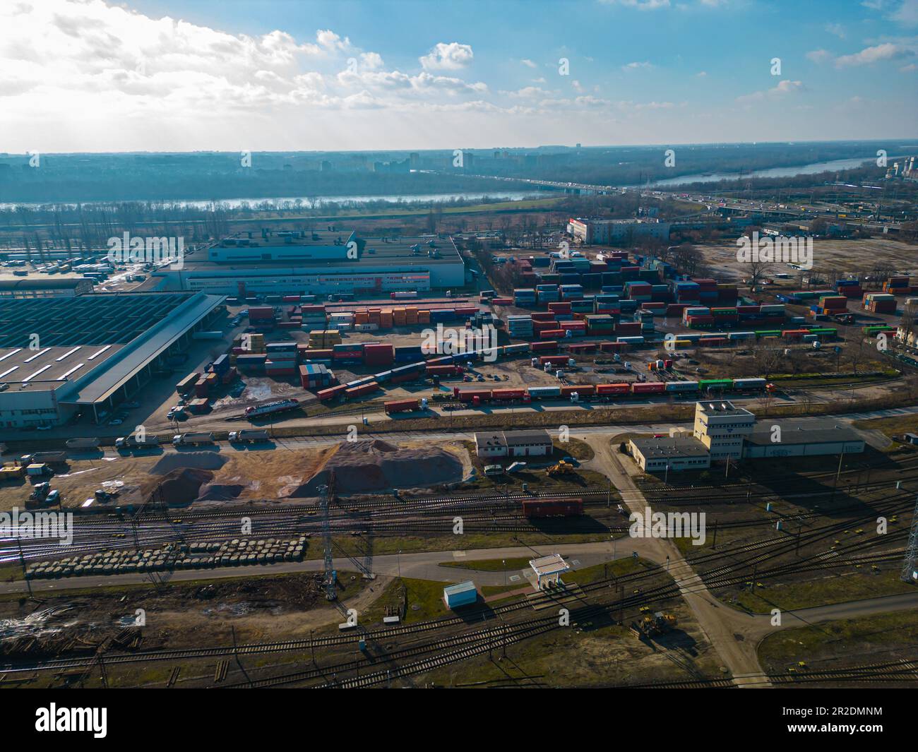 Cargo trains close-up. Aerial view of colorful freight trains on the ...