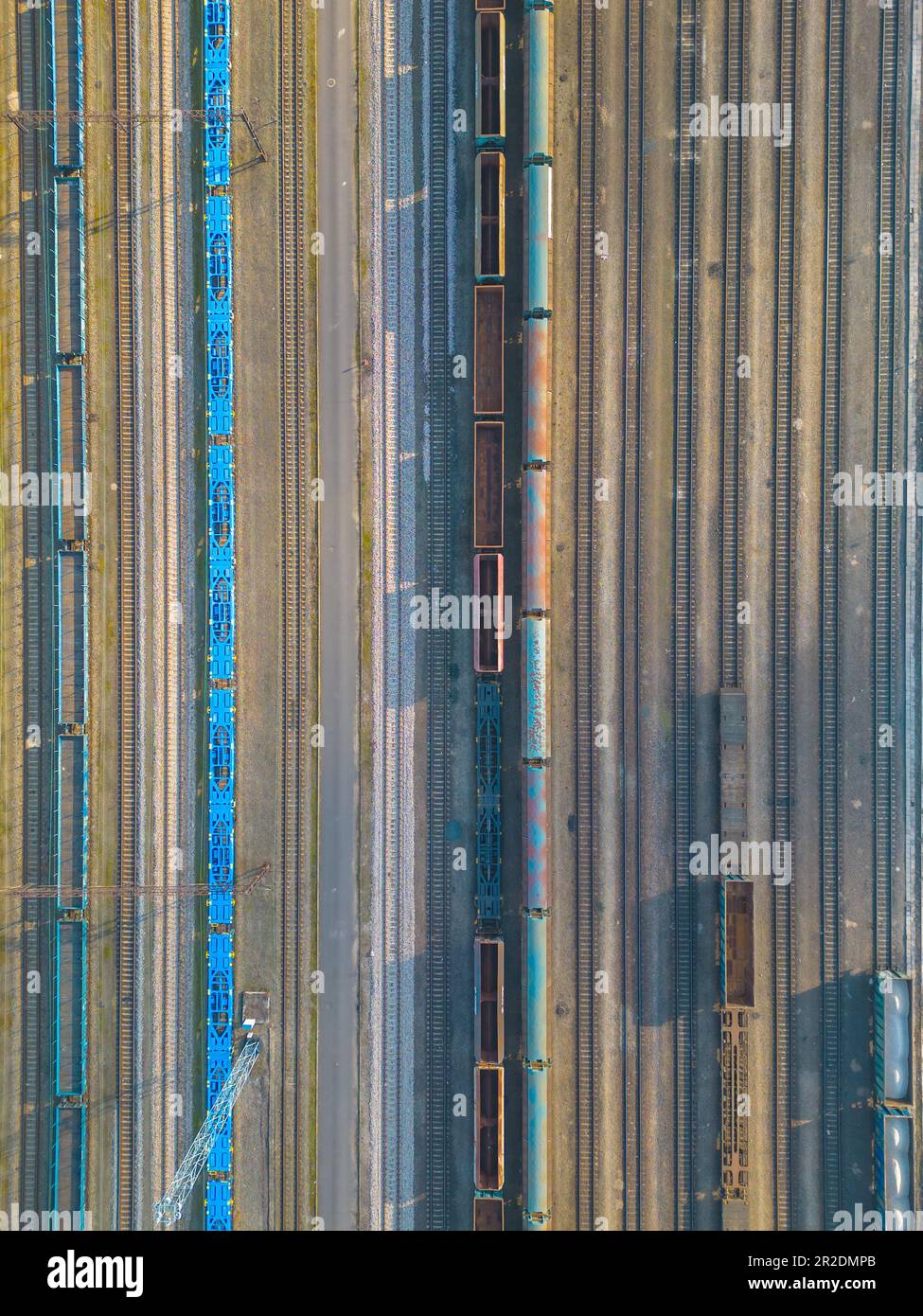 Cargo trains. Aerial view of colorful freight trains. Railway station ...