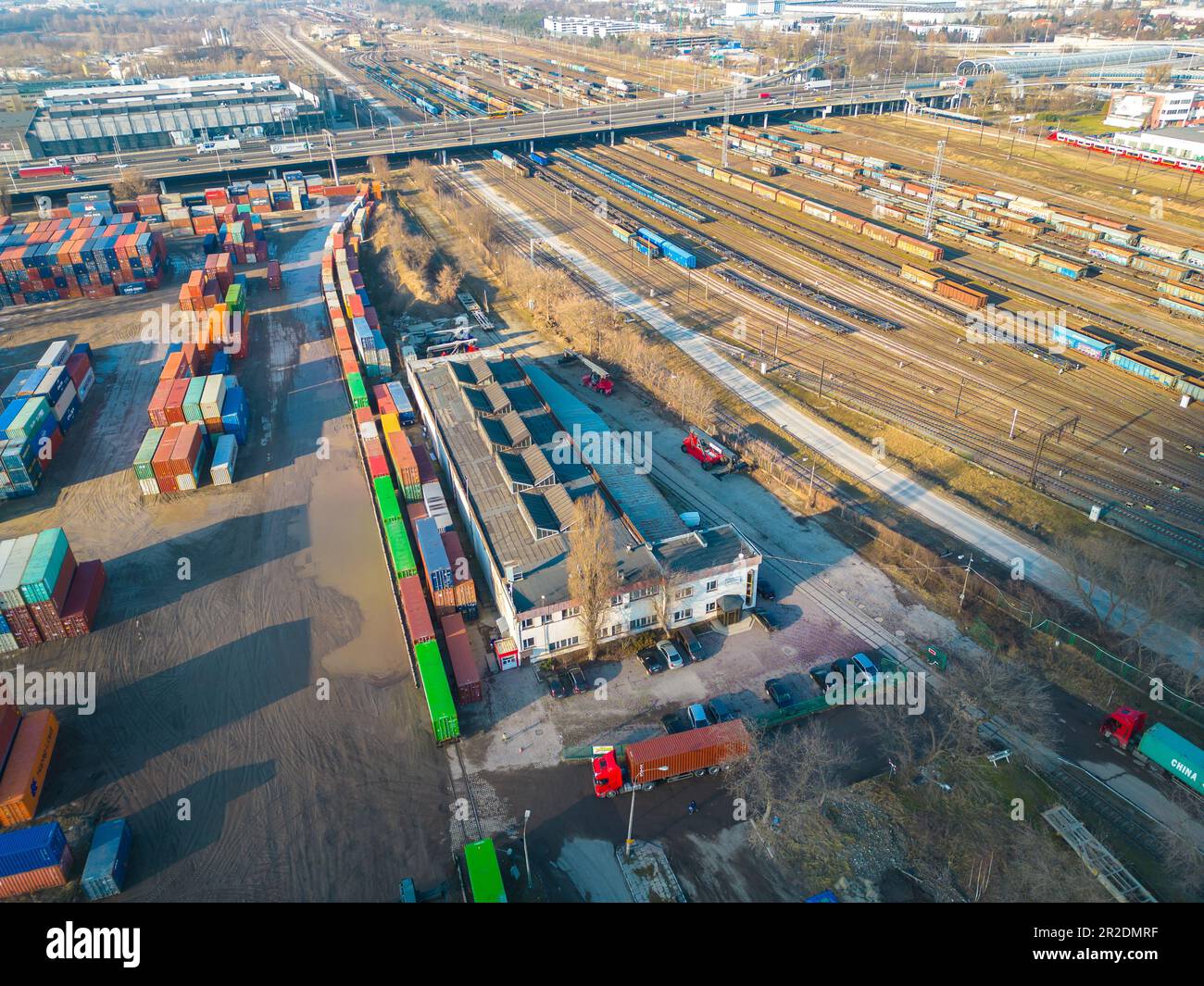 Cargo trains. Aerial view of colorful freight trains. Railway station ...