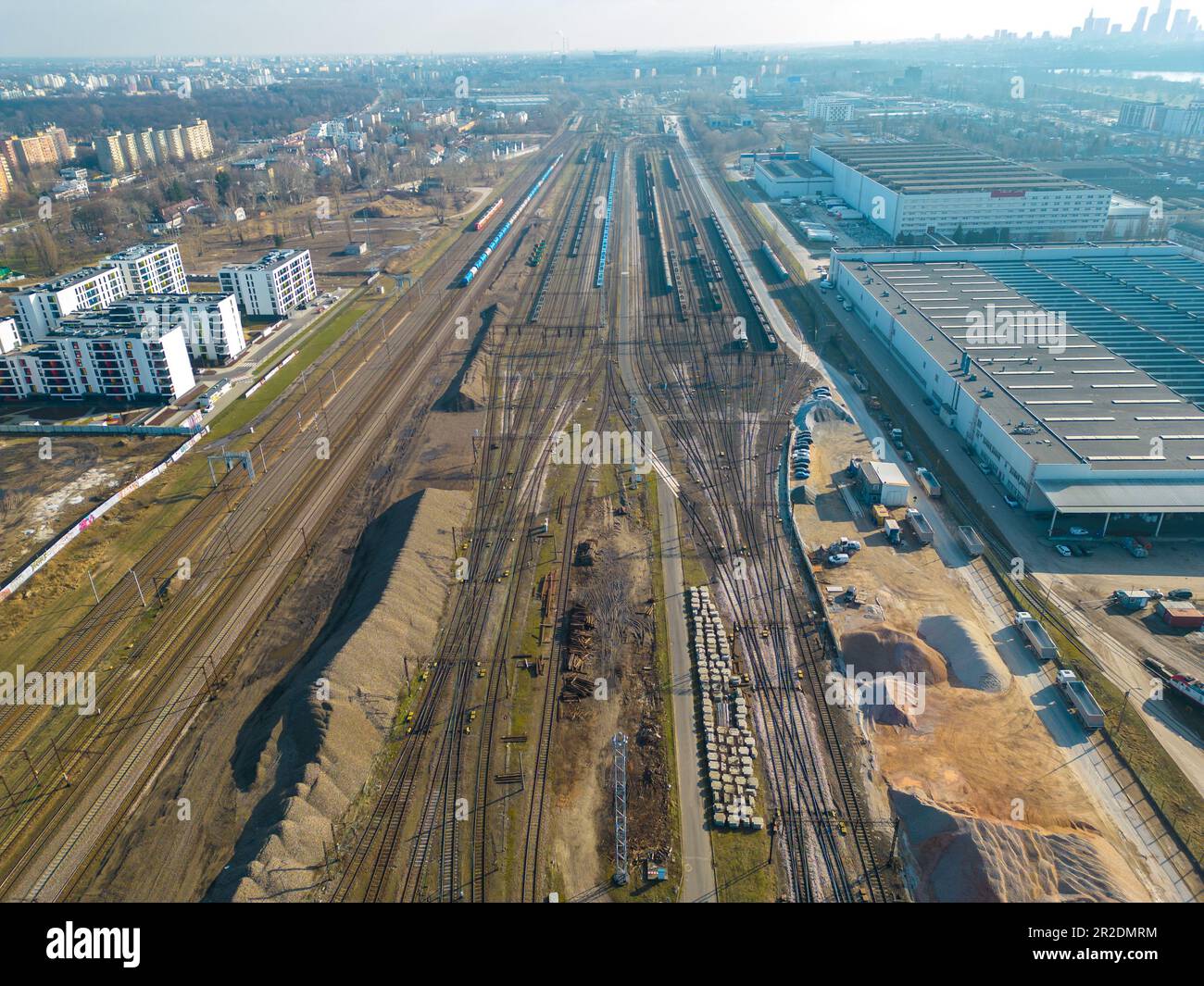 Cargo trains close-up. Aerial view of colorful freight trains on the ...
