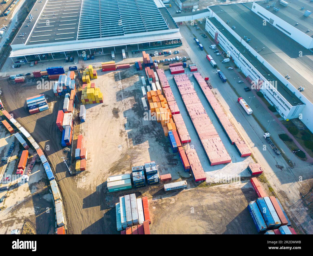 Aerial view of goods warehouse. Logistics center in industrial city ...